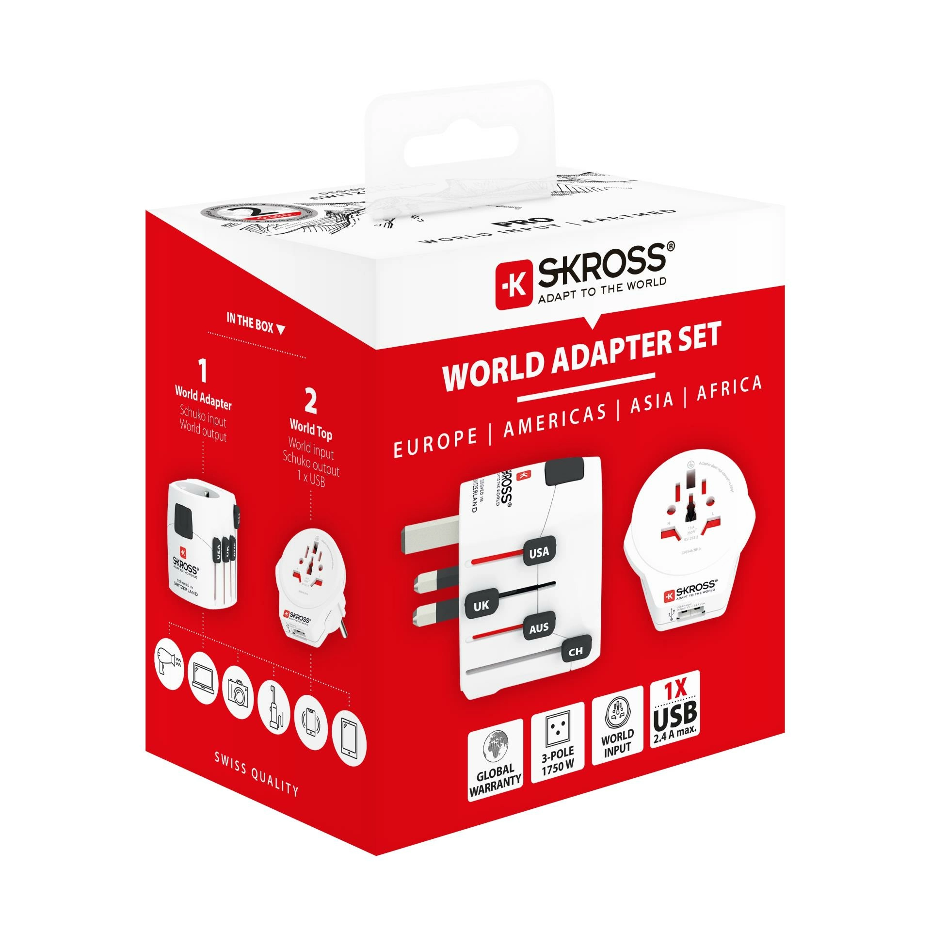 Skross - world travel adapter with ground plugs 6.3a, world to europe ...