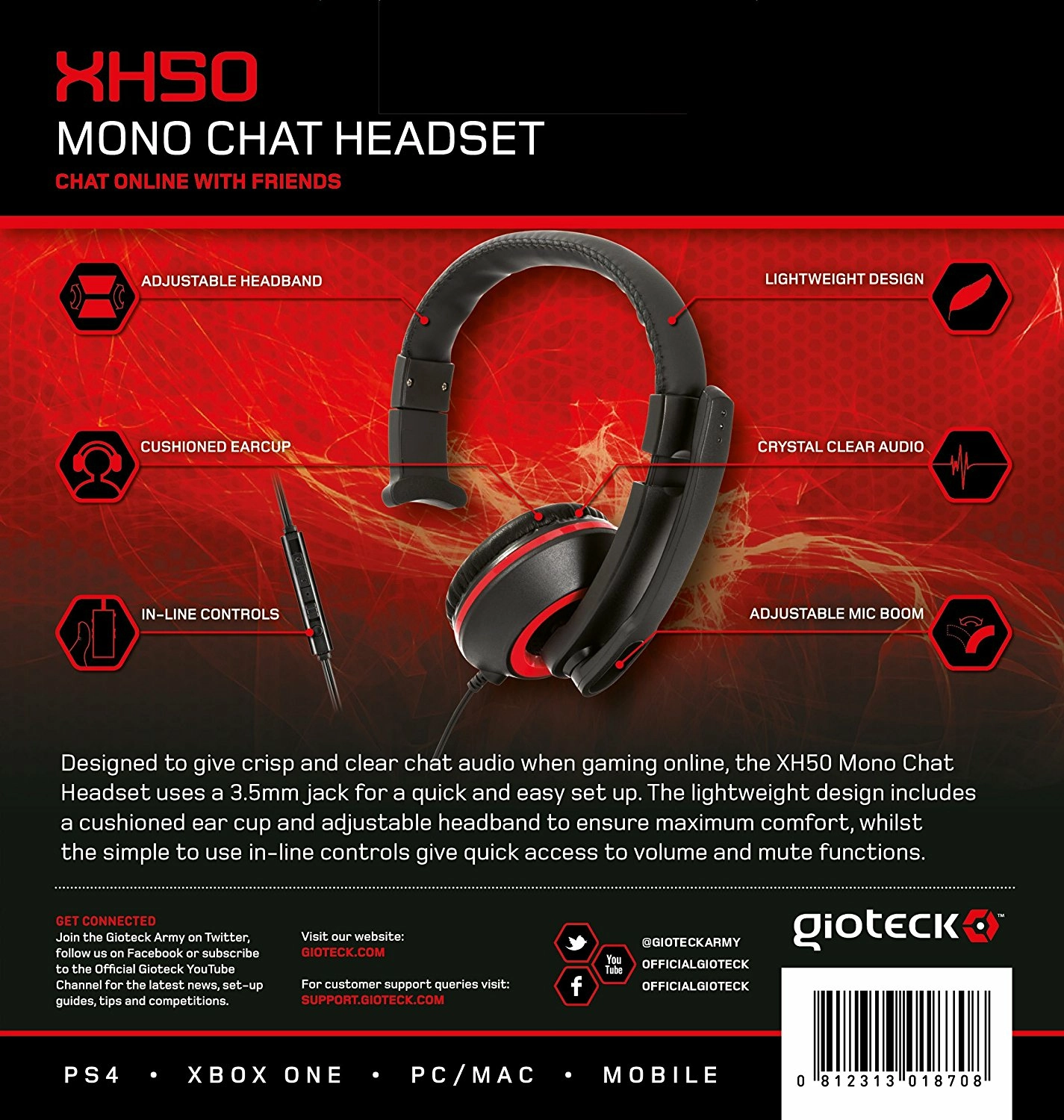 Casque Mono Gioteck XH50 Rouge - Xbox One - PS4 - PC - Mobile